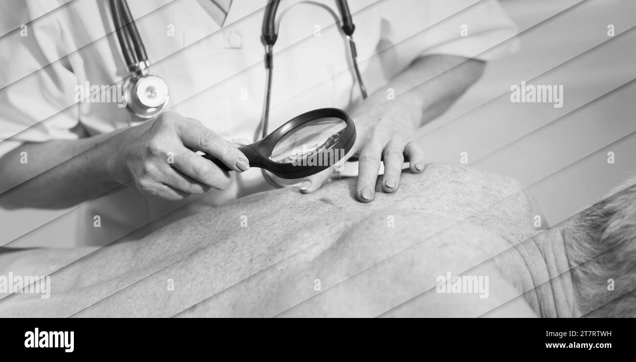 Dermatologist examining the skin on the back of a patient, geometric ...