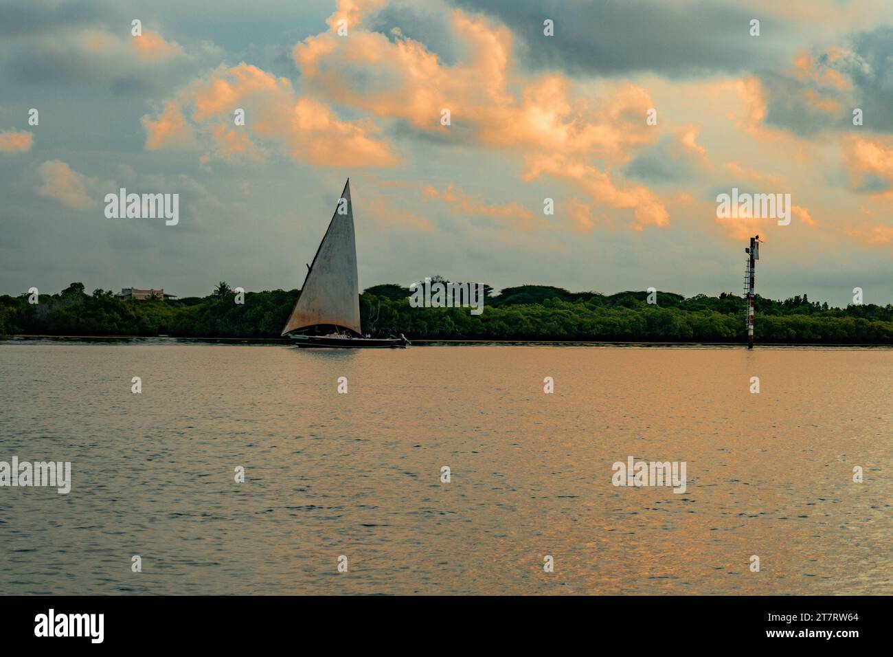 Silhoutte of fishing boats at sunset at Shela Beach in Old Town Lamu ...