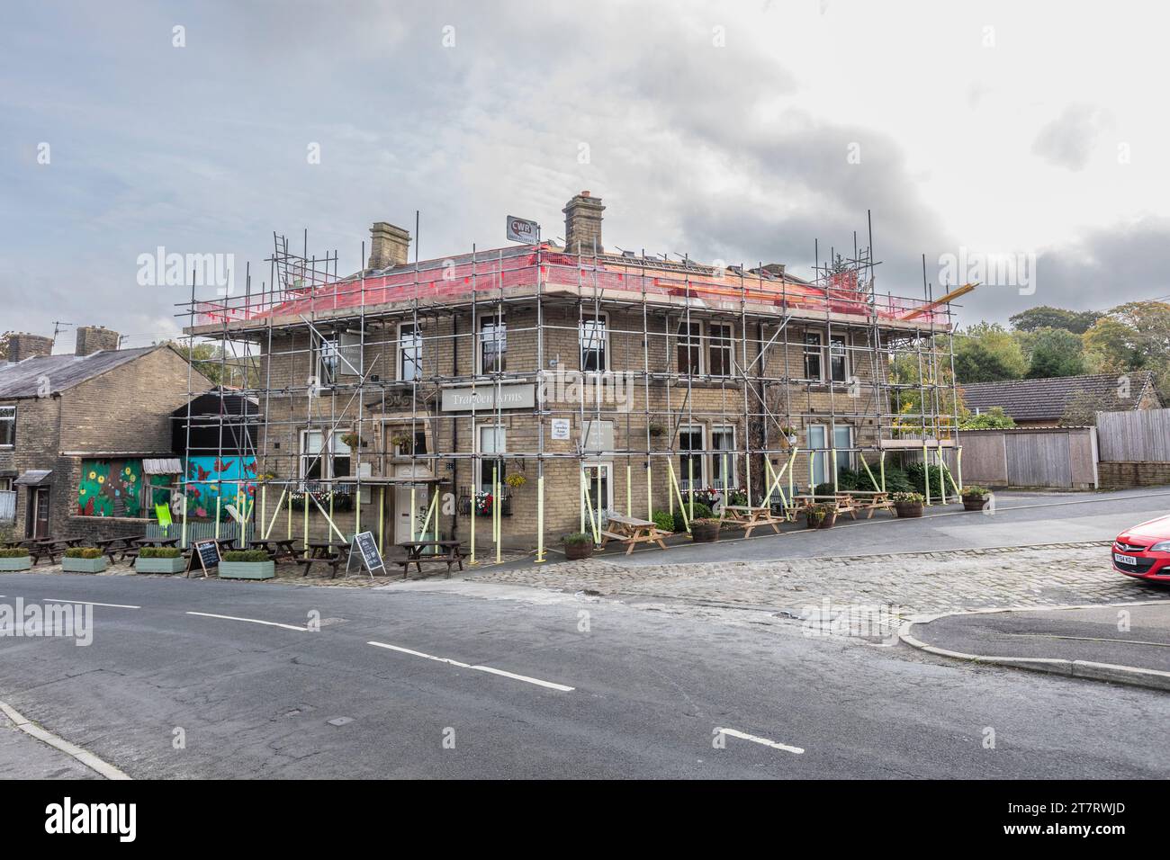 The Trawden Arms, Lancashire with scaffolding for a new roof Stock ...