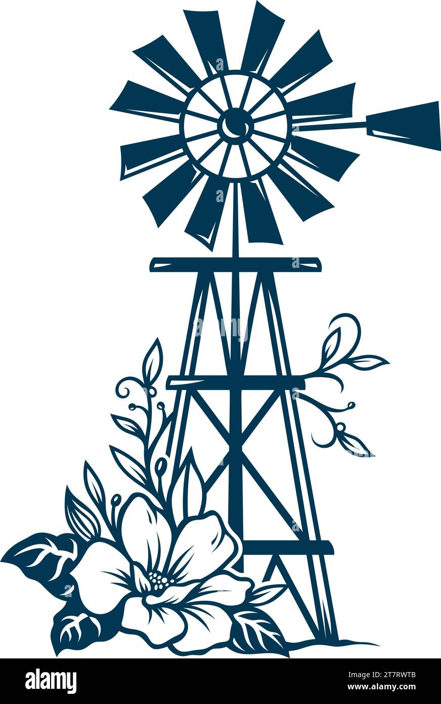 Aesthetic Floral Windmill Silhouette Graphic Clip Art Stock Vector ...
