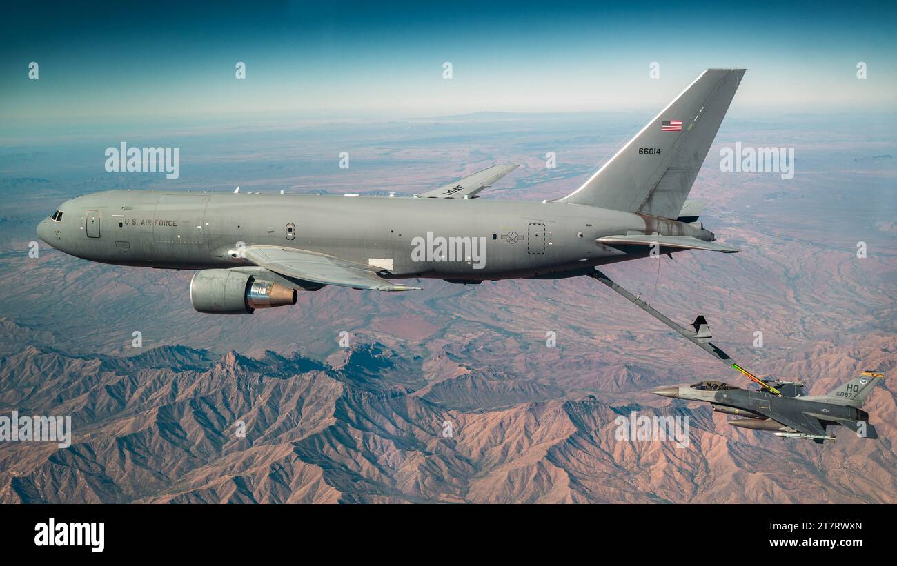 A U.S. Air Force KC-46 Pegasus refuels an F-16 Fighting Falcon on Nov ...