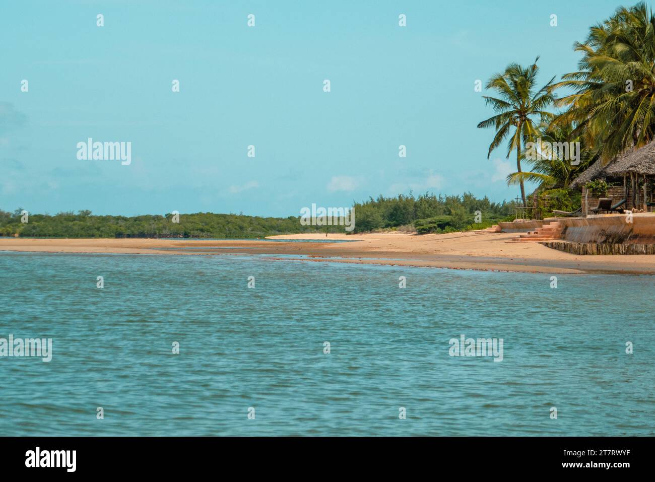 Scenic view of beach against palm trees and luxury resort at Manda ...