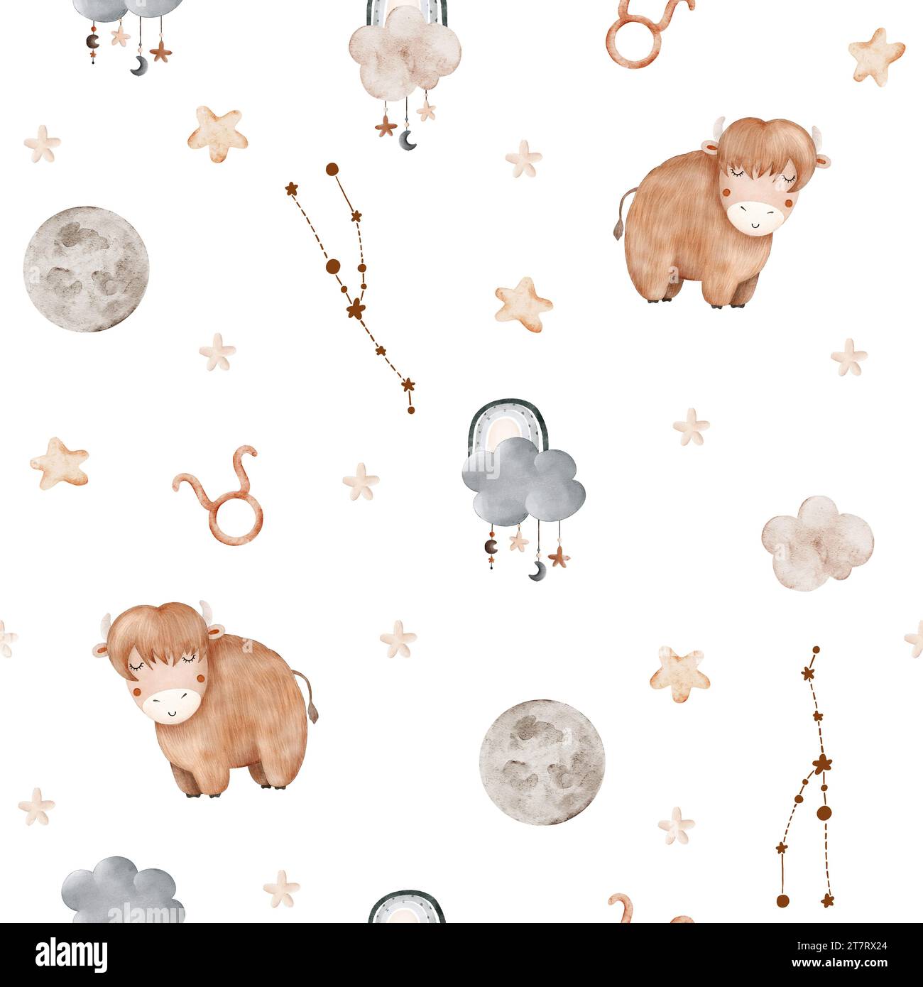 Watercolor seamless pattern with zodiac sign Taurus, cloud, stars, moon ...