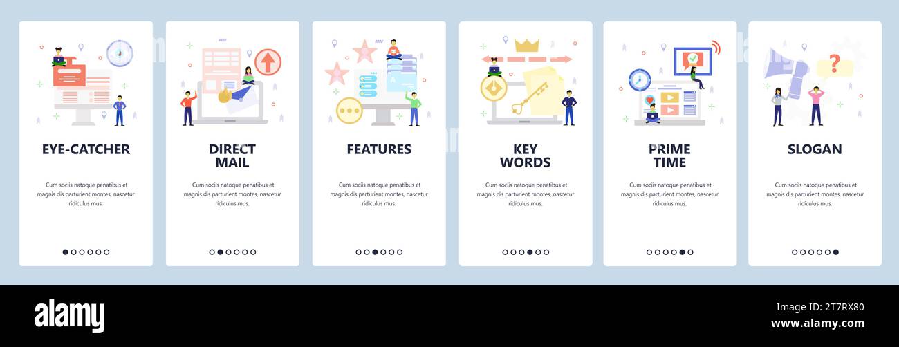 Mobile app onboarding screens. Video marketing, promotion, direct mail ...
