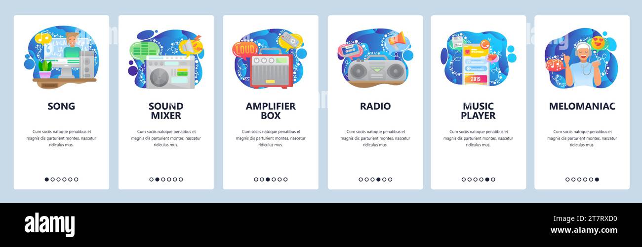 Mobile app onboarding screens. Sound and audio equipment, mixer ...