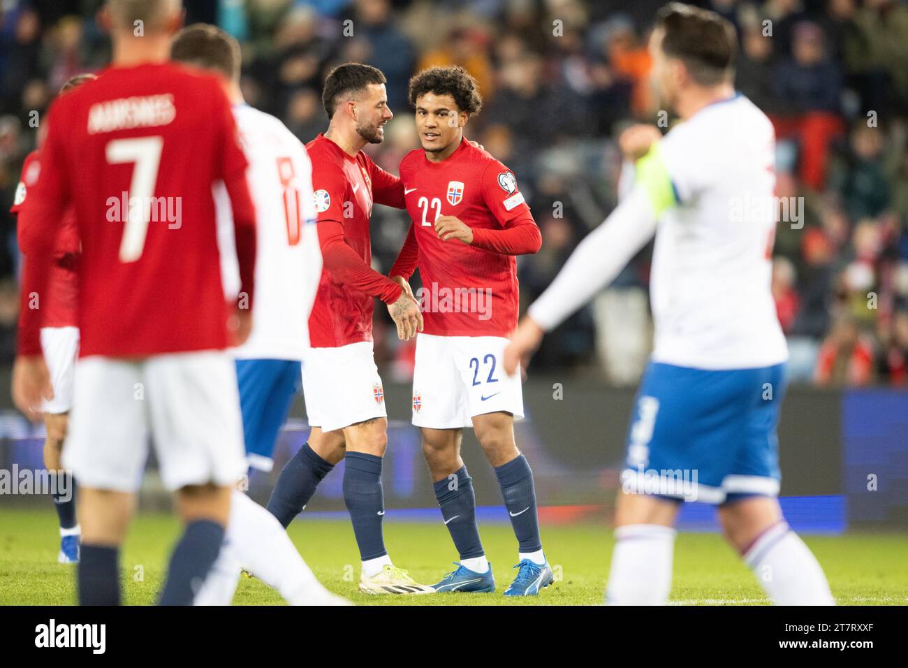 Oslo, Norway. 16th Nov, 2023. Oscar Bobb (22) of Norway scores for 2-0 ...