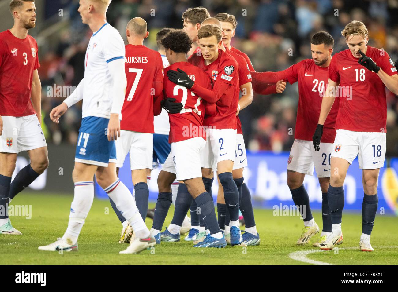 Oslo, Norway. 16th Nov, 2023. Oscar Bobb (22) of Norway scores for 2-0 ...
