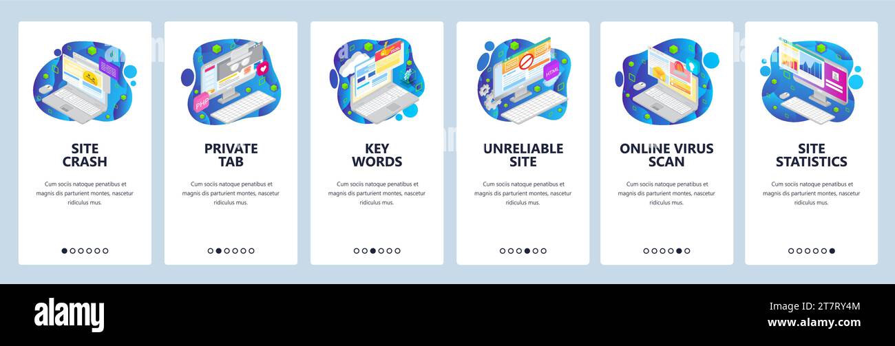 Mobile app onboarding screens. Business charts, isometric computer ...