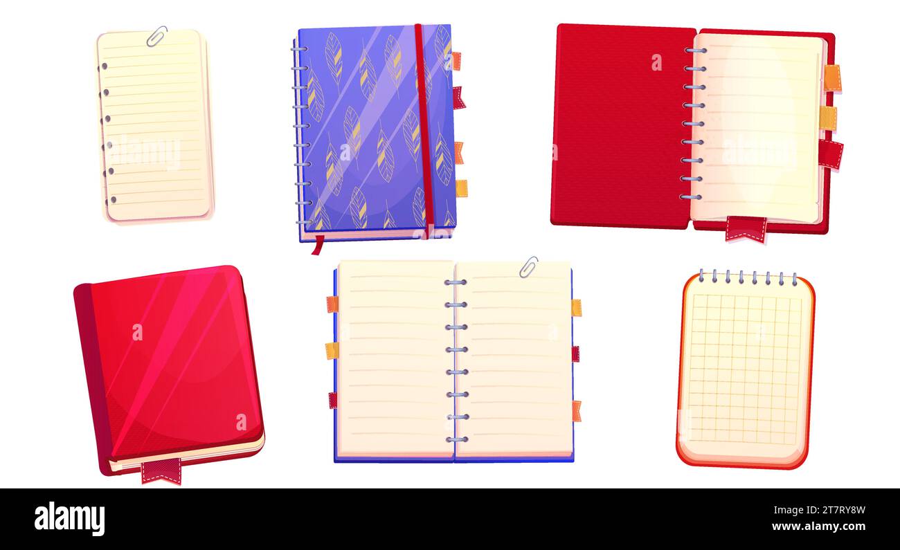 Set diary, note book in cartoon style top view, open, closed isolated ...