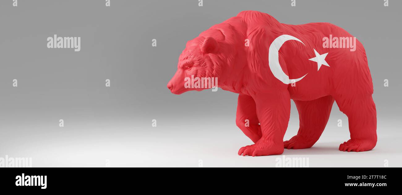 Horizontal banner of a bear with Turkey flag on plain empty grey ...