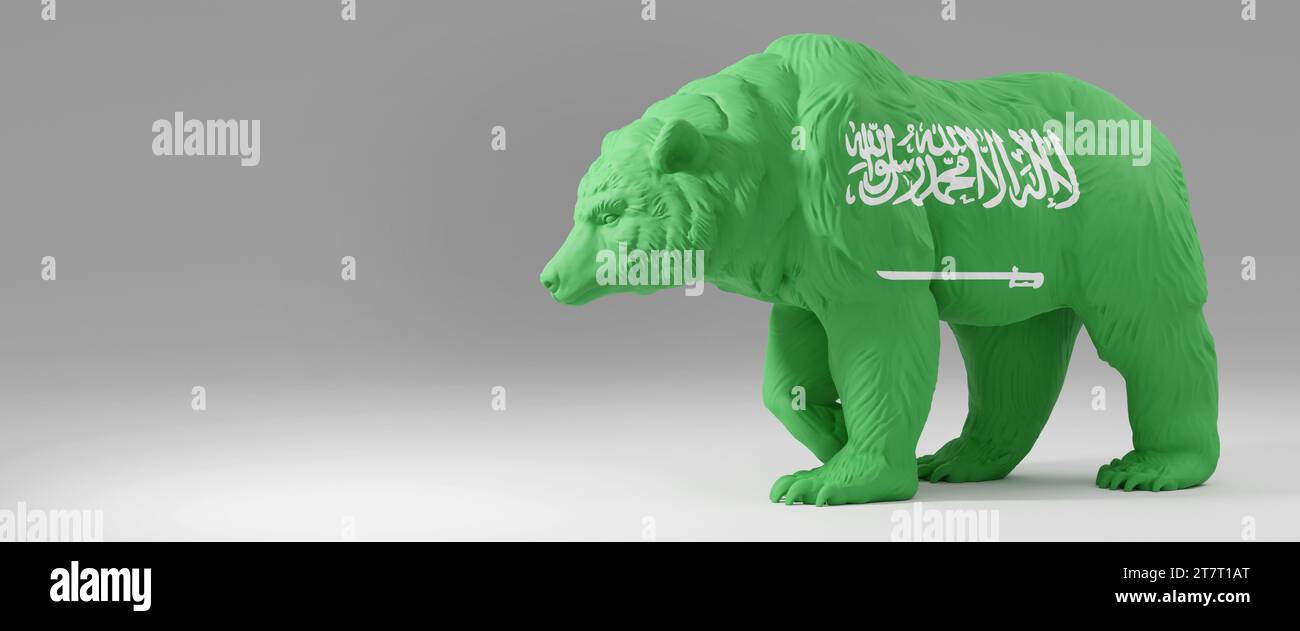 Horizontal banner of a bear with Saudi Arabia flag on plain empty grey ...