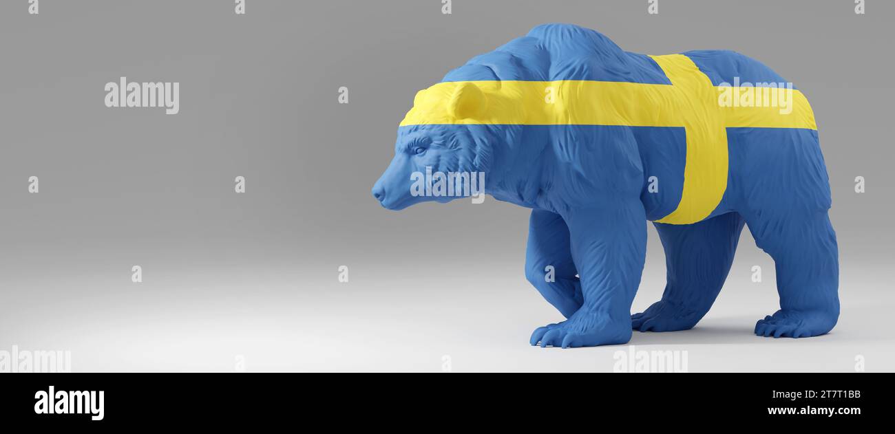 Horizontal banner of a bear with Sweden flag on plain empty grey ...