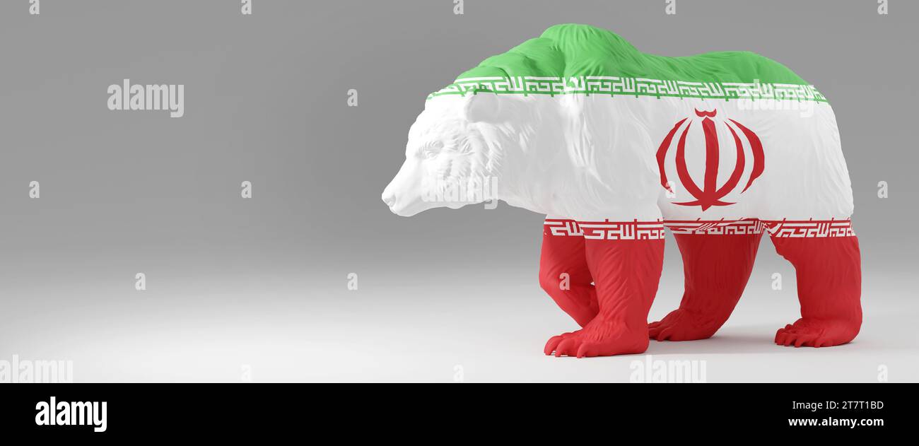 Horizontal banner of a bear with Iran flag on plain empty grey ...