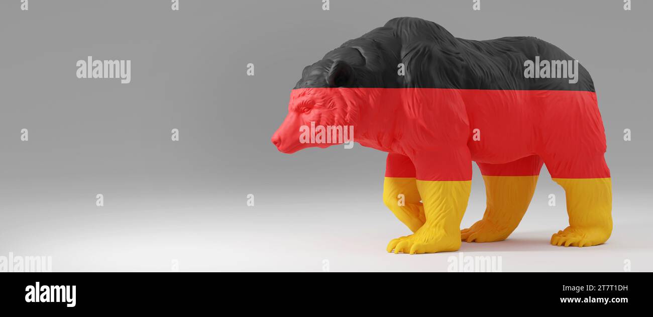 Horizontal banner of a bear with Germany flag on plain empty grey ...