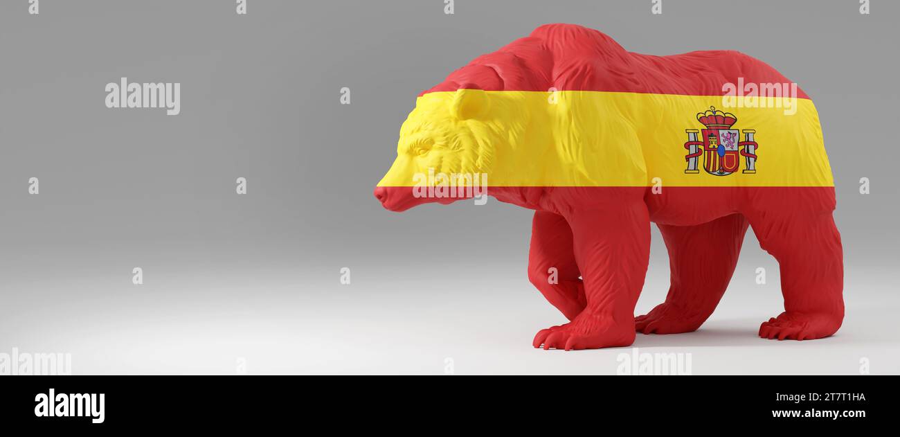 Horizontal banner of a bear with Spain flag on plain empty grey ...