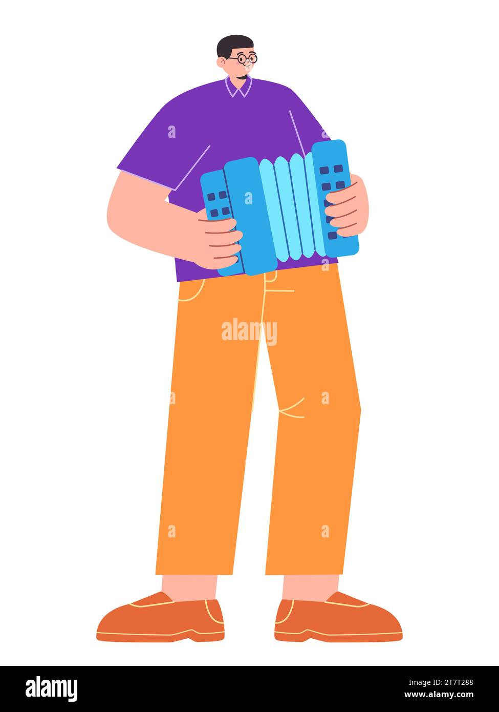 Man playing accordion music instrument alone drawing flat colorful ...