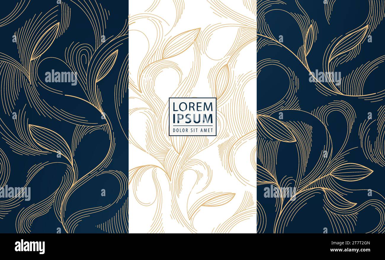 Vector set of floral gold design backgrounds, line luxury art deco leaves labels, frames ...