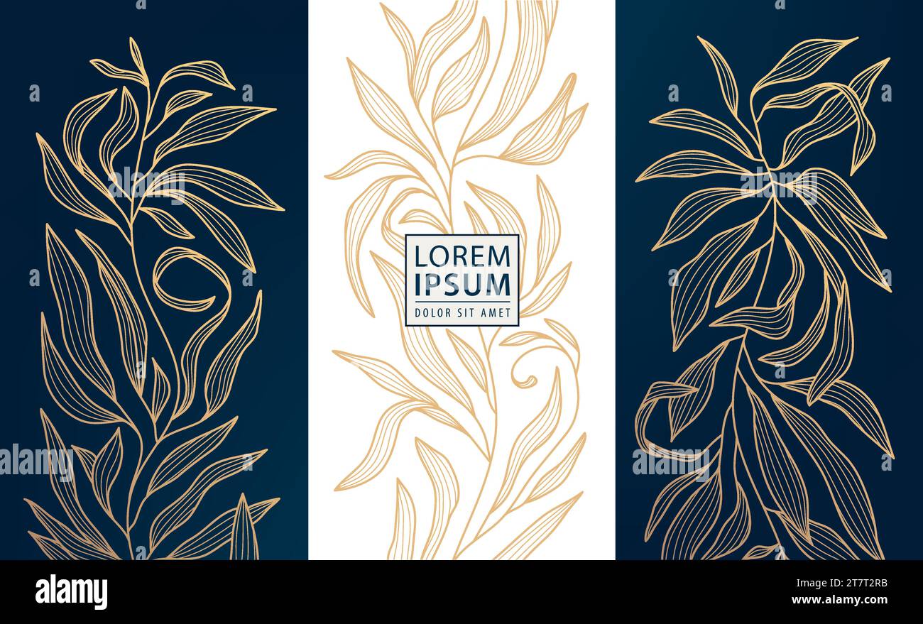 Vector set of floral gold design backgrounds, line luxury art deco leaves labels, frames ...