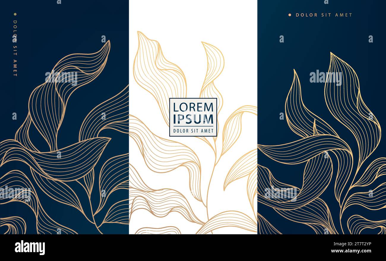 Vector set of floral gold design backgrounds, line luxury art deco ...