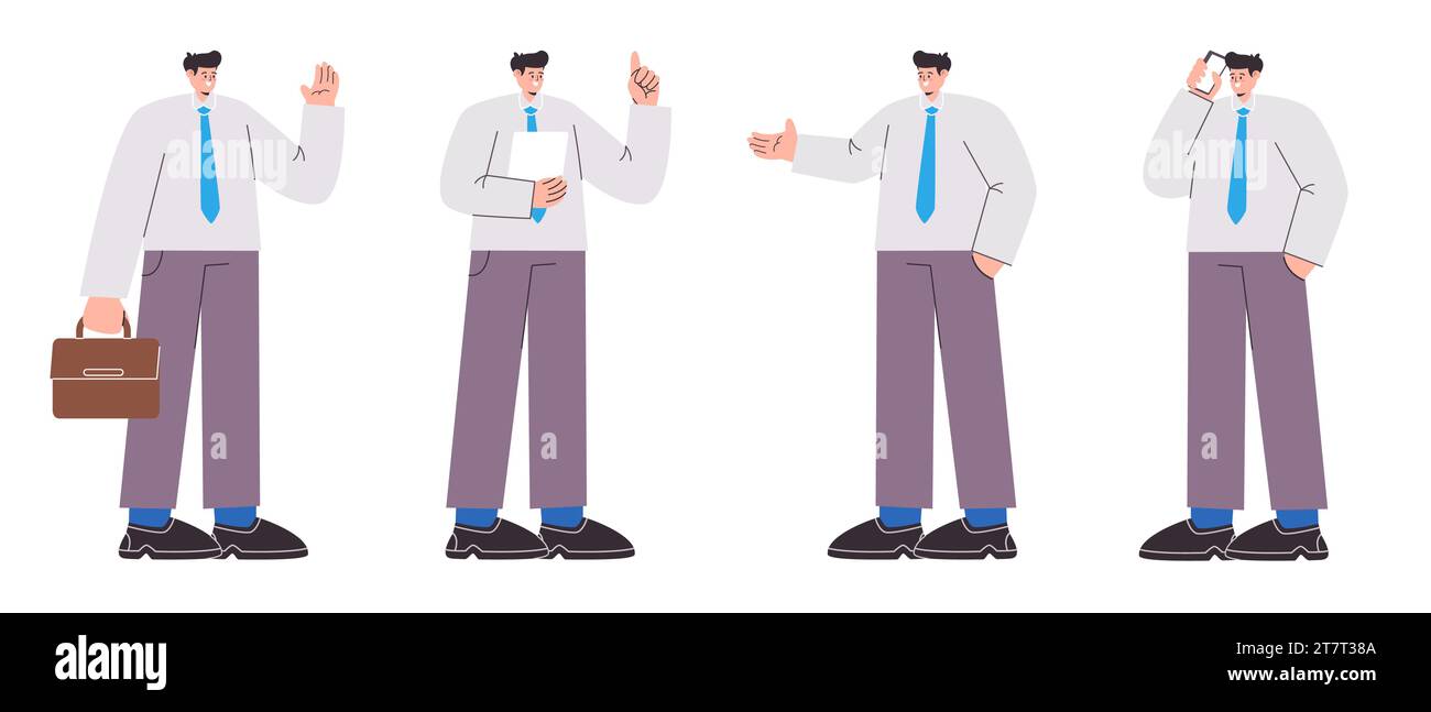 Business man holding briefcase make phone call pose set collection ...