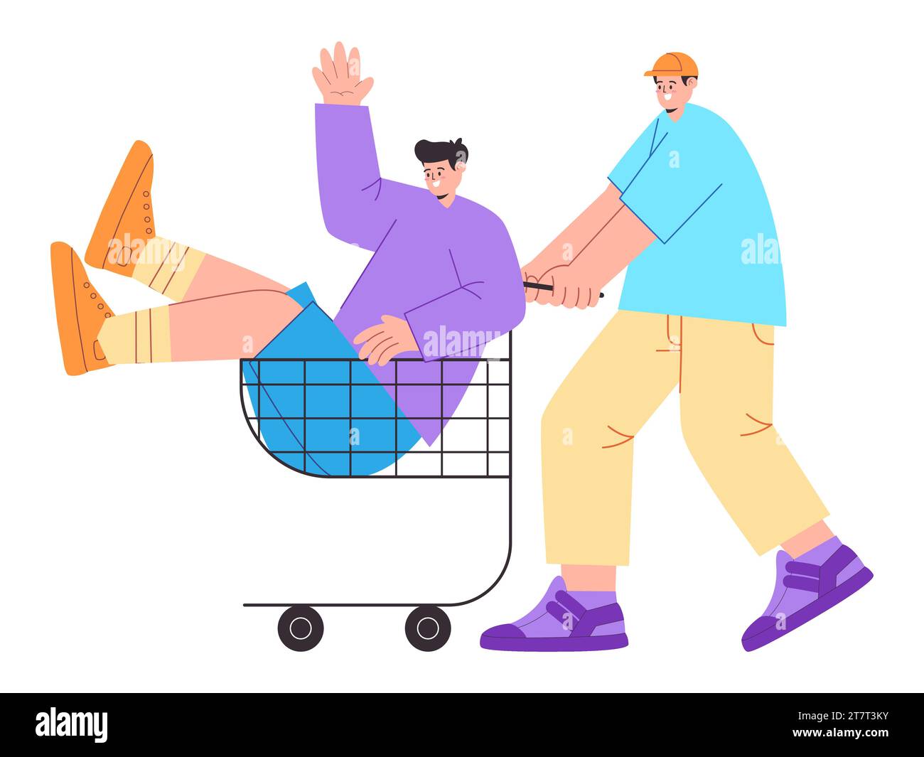 Friends push in cart ride joy have fun in supermarket shopping buying ...