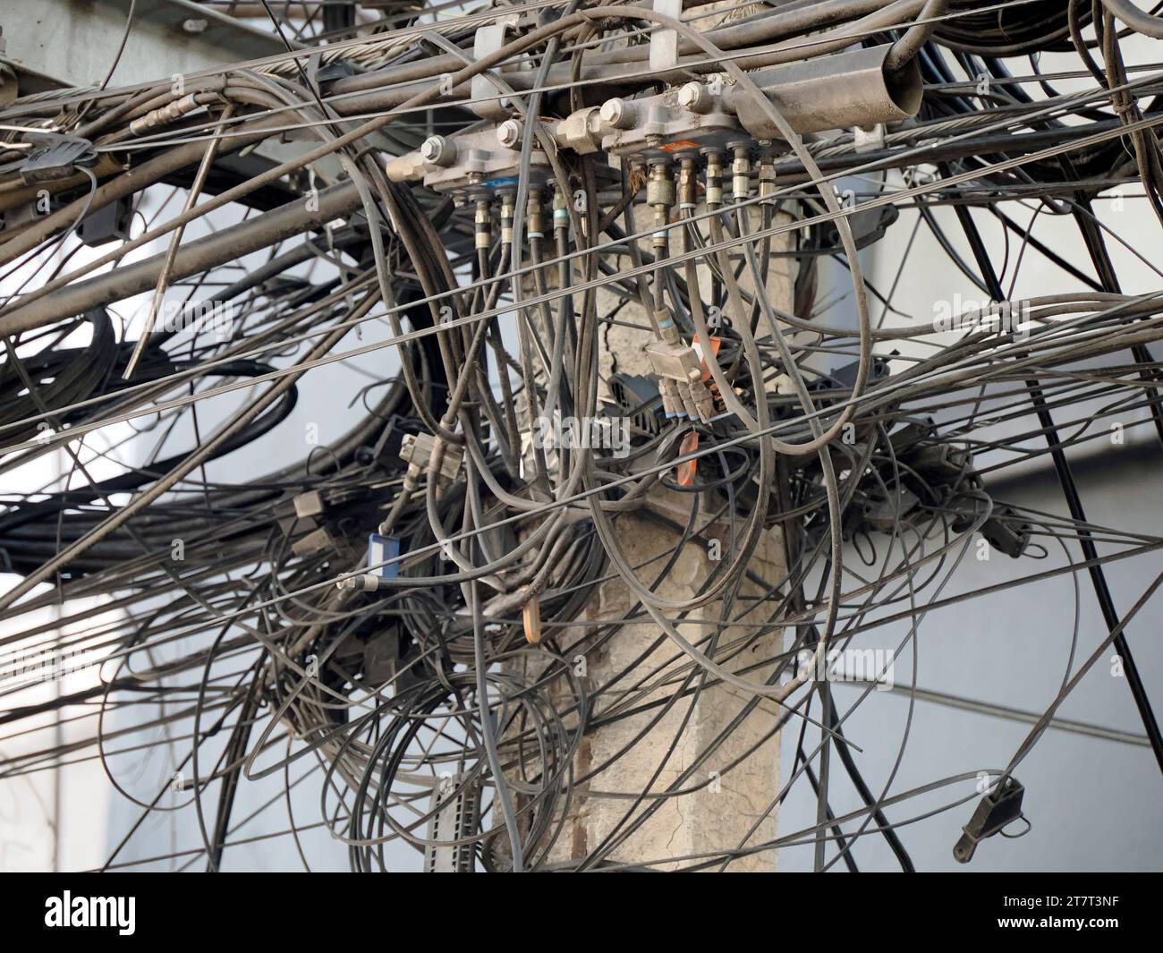 Mexico City, Messed up power lines and connection cables. Many tangled ...