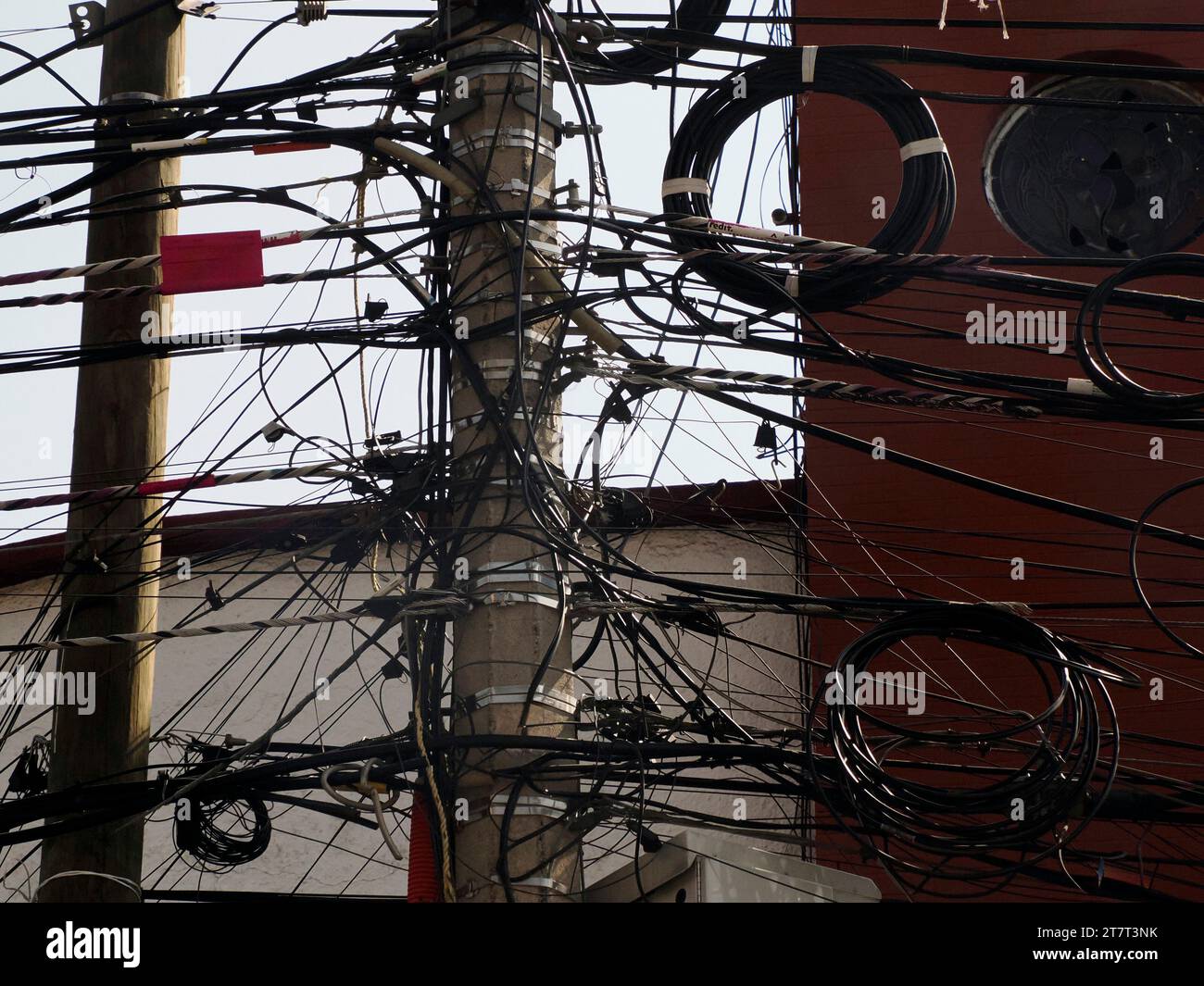 Mexico City, Messed up power lines and connection cables. Many tangled ...