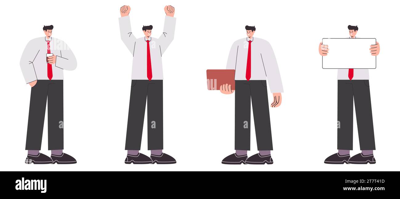 Business people pose set collection white shirt red tie holding board ...