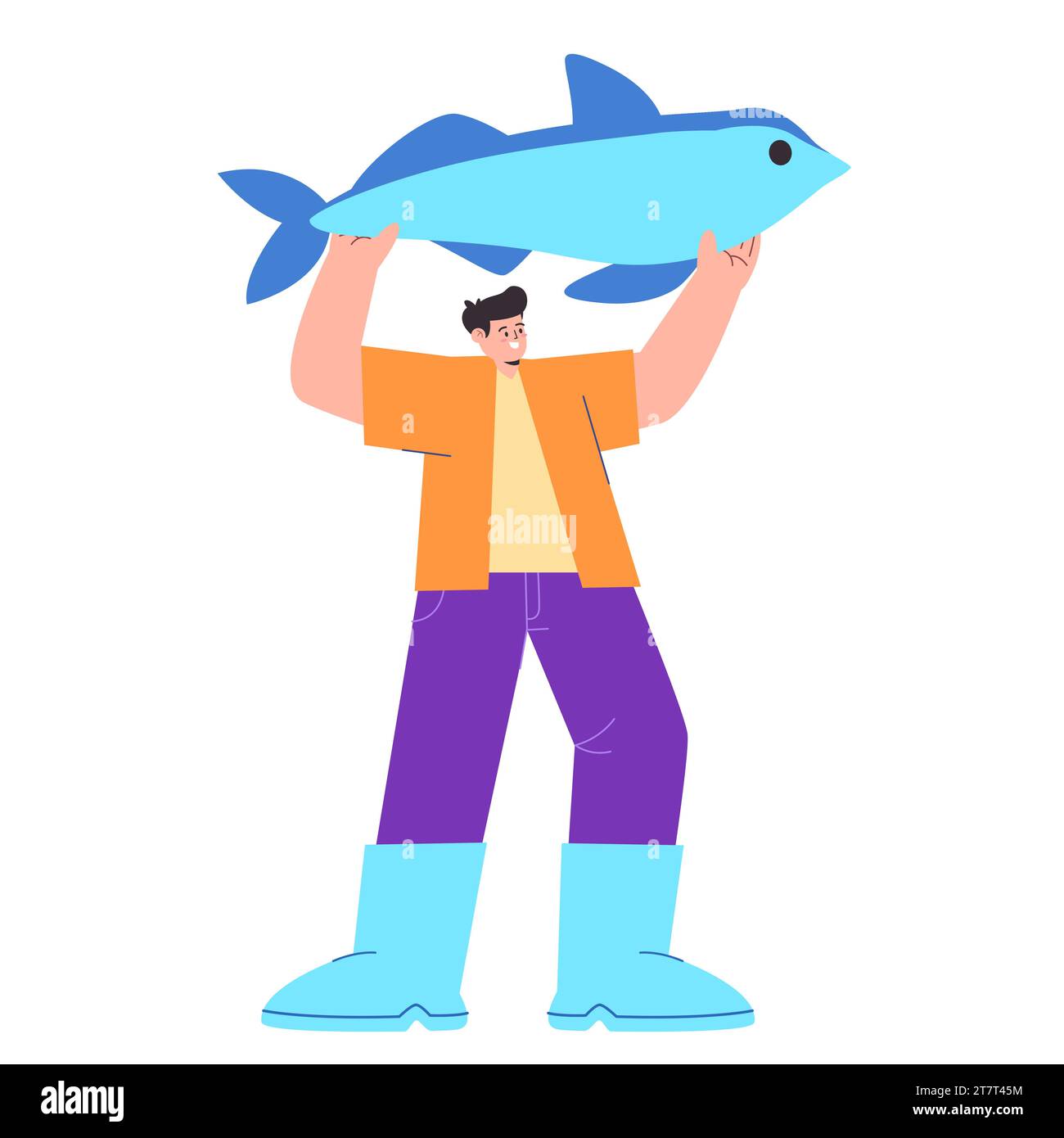 Fisherman holding show big fish tuna vector drawing illustration ...