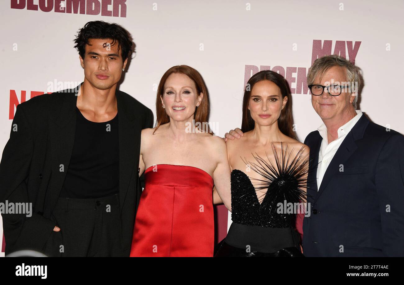 LOS ANGELES, CALIFORNIA - NOVEMBER 16: (L-R) Charles Melton, Julianne Moore, Natalie Portman and ...