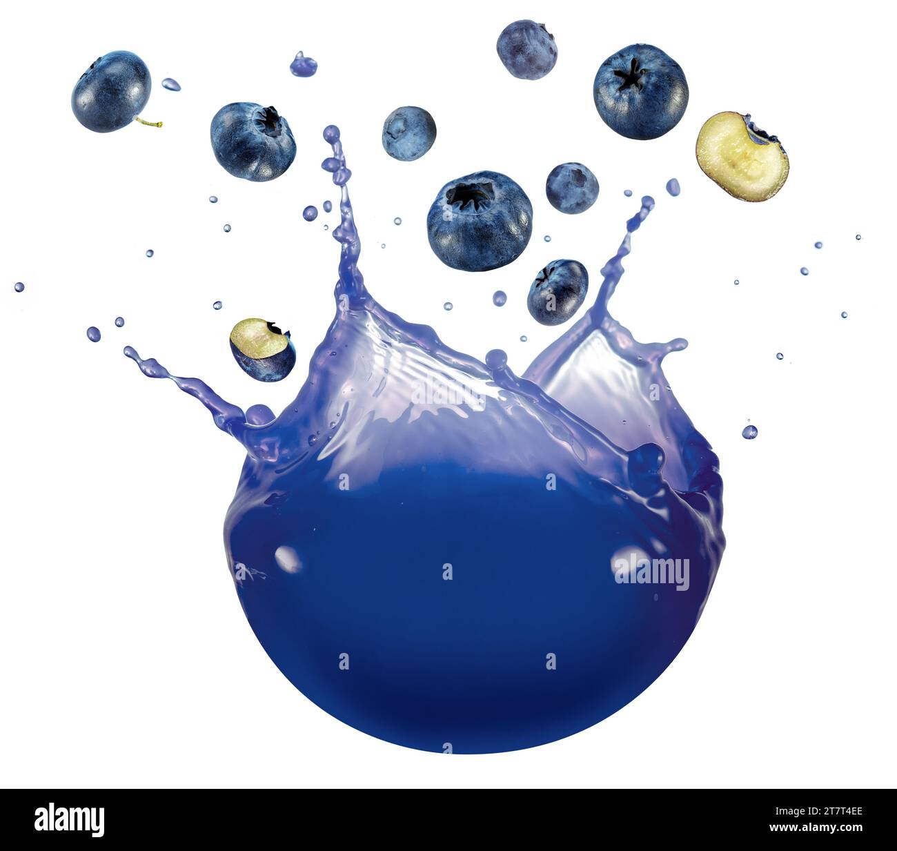 Blueberries flying over a fresh juice drop splash isolated on white ...