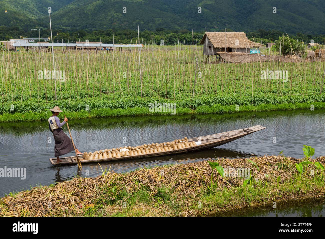 The Inle Lake. Myanmar: 17 August 2020: Fisherman rowing boat on Inle ...
