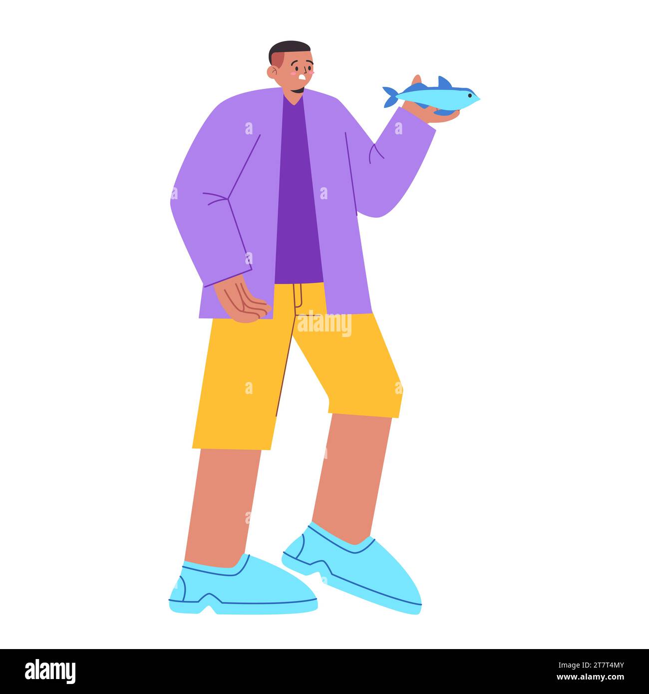 Man holding small fish after fishing flat colorful illustration Stock ...