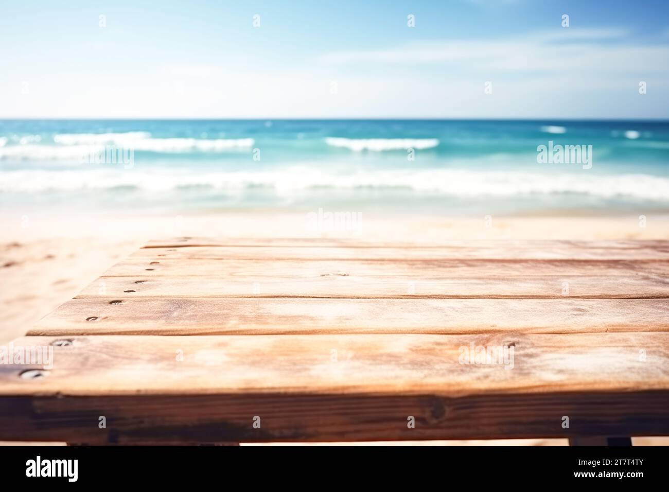 Top of wood table with seascape, blur calm sea and sky at tropic Stock ...