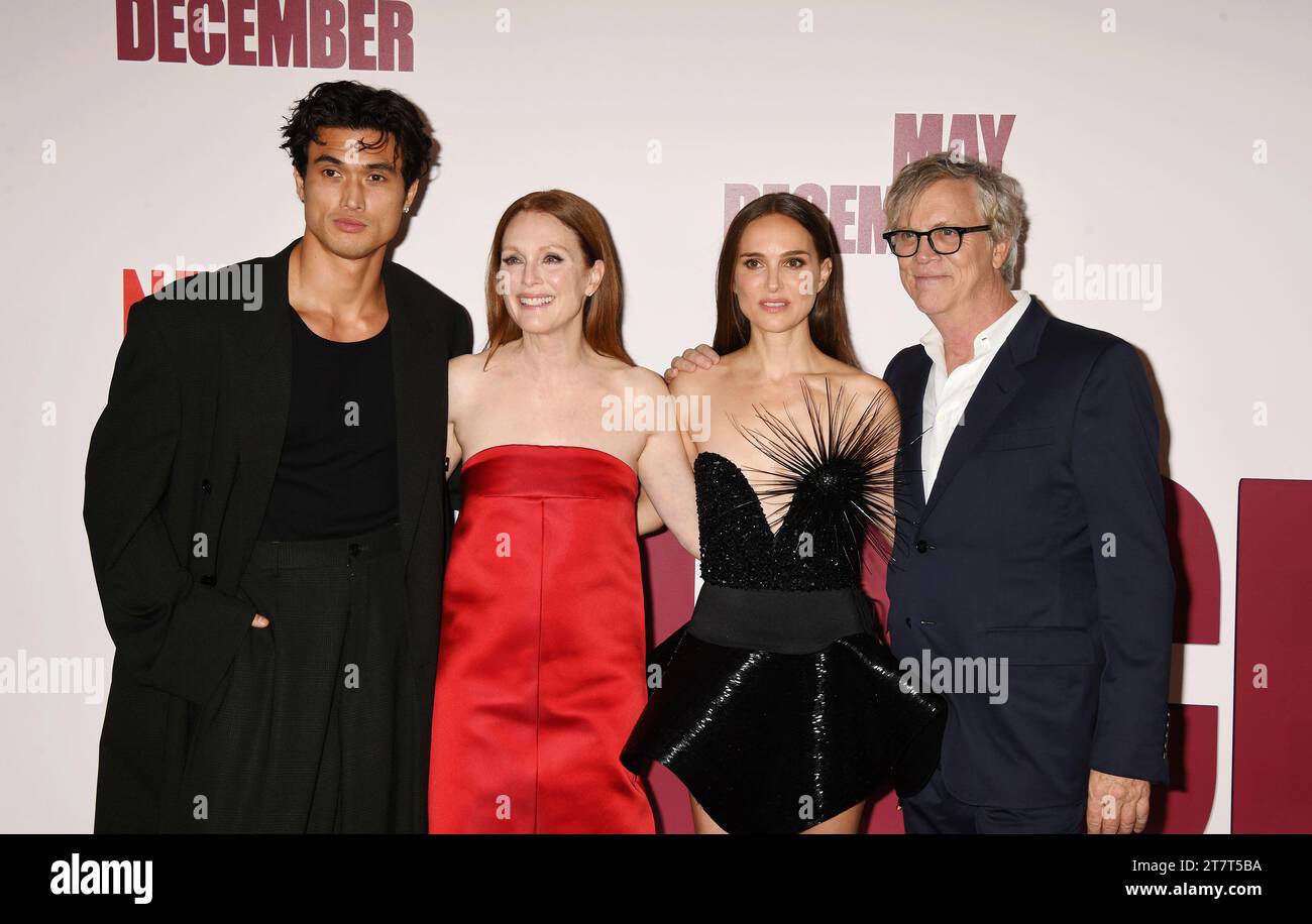 LOS ANGELES, CALIFORNIA - NOVEMBER 16: (L-R) Charles Melton, Julianne Moore, Natalie Portman and ...