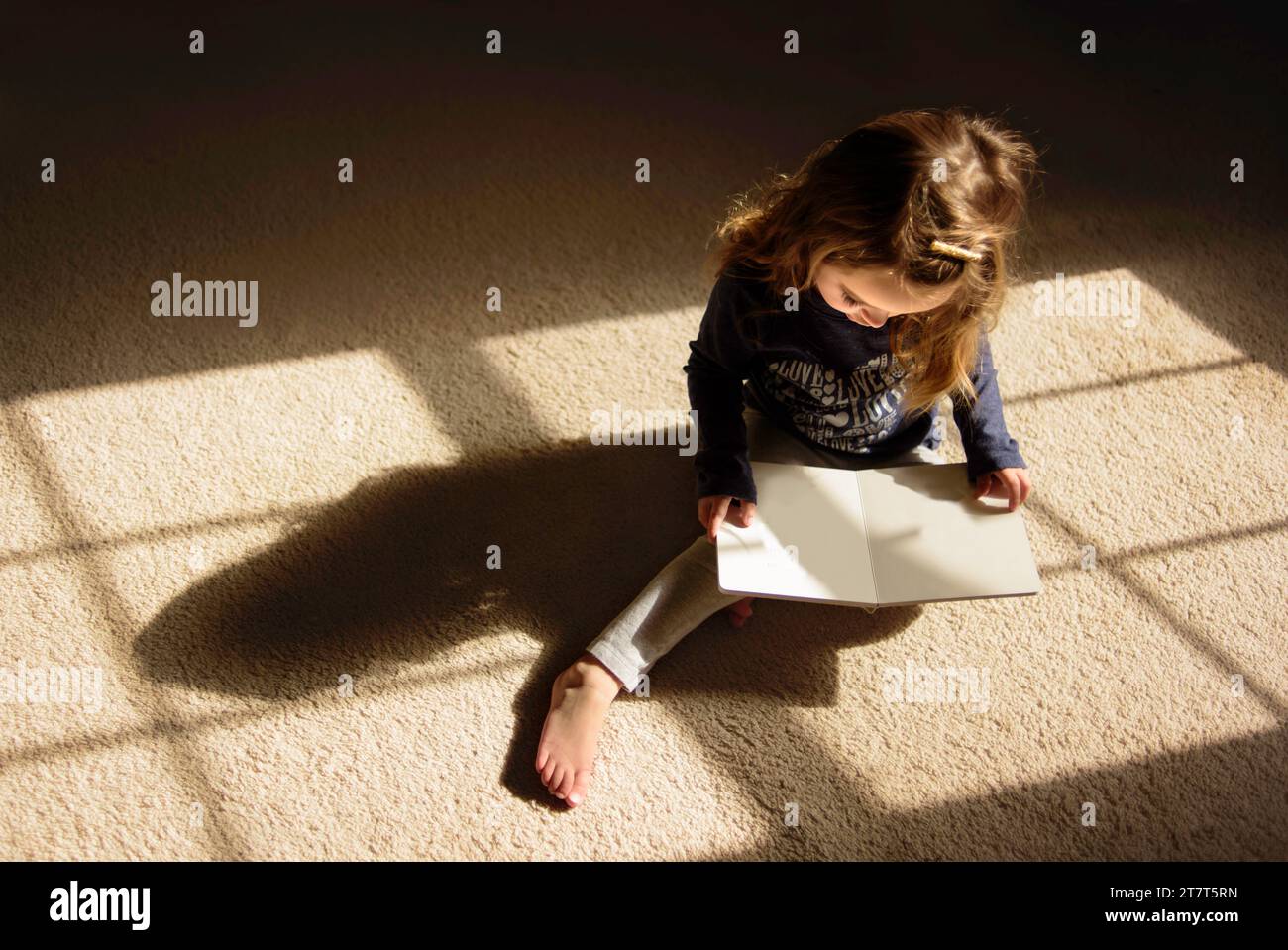 Young girl reading book in window sunlight Stock Photo - Alamy