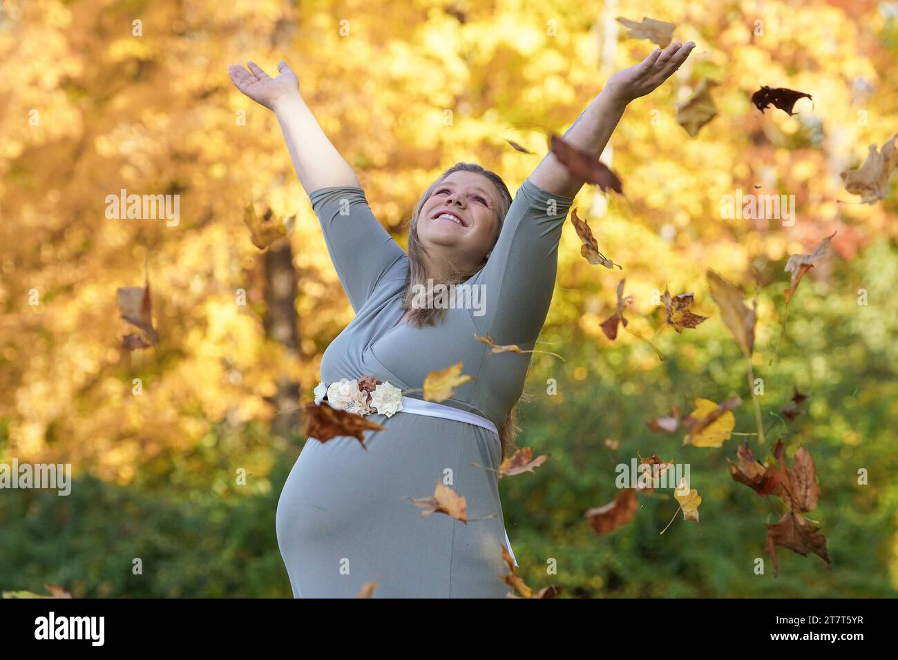 Maternity pic with moms hands up in the air with leaves falling Stock ...