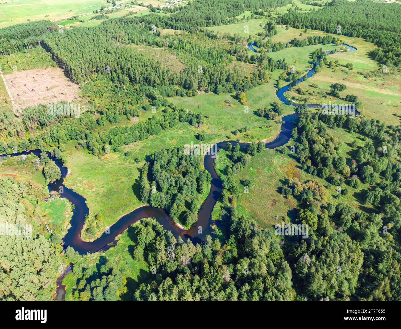 Aerial view of the bends and loops of the Merkys river in Lithuania ...