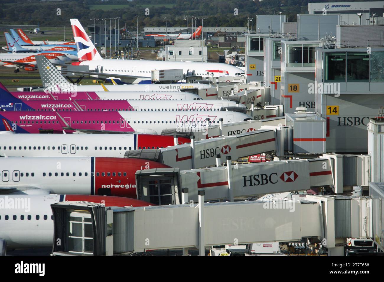 A view of the busy South Terminal piers at London Gatwick Airport ...