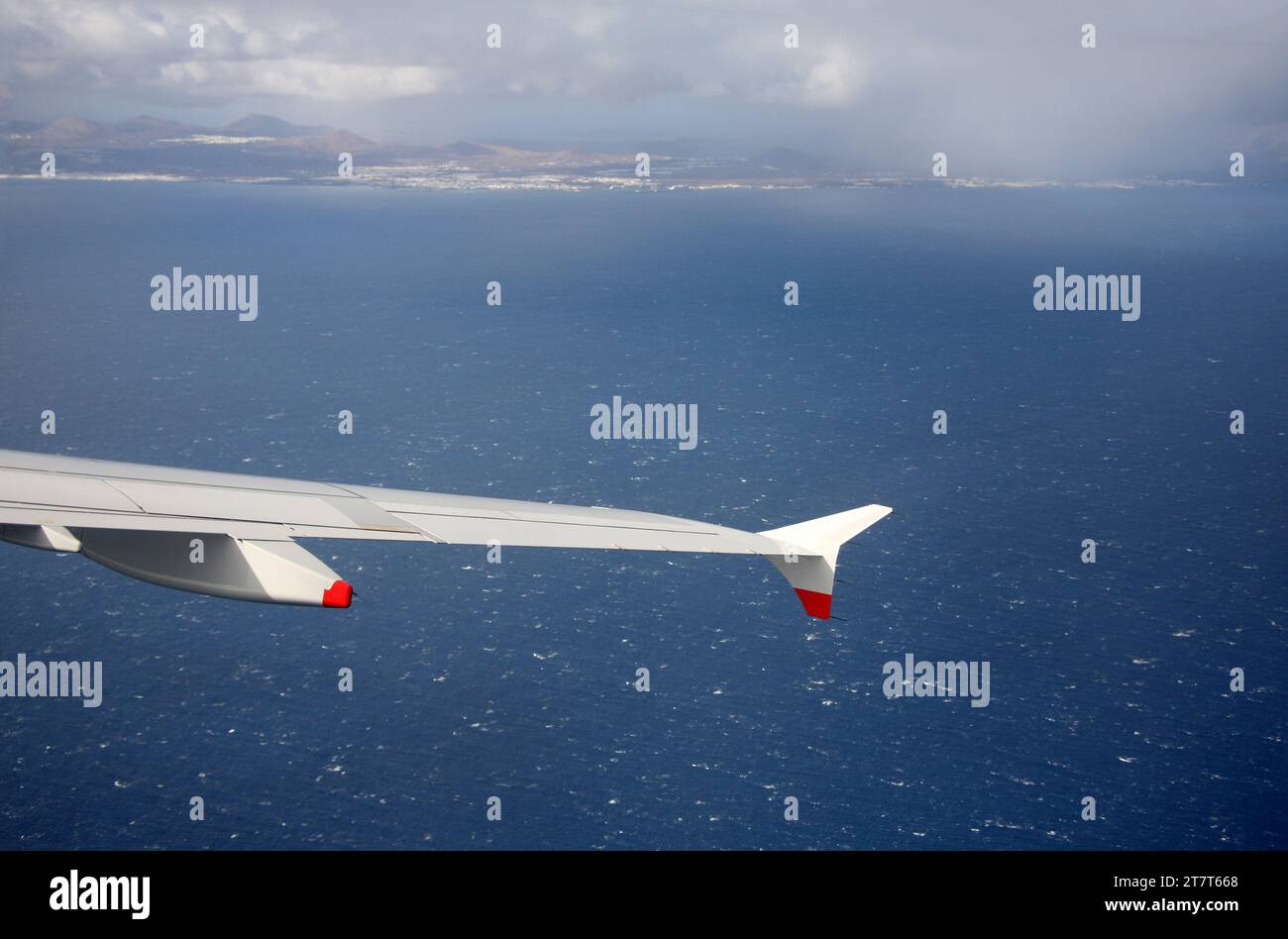 An aerial wing view of the Arrecife area of Lanzarote as seen from an ...