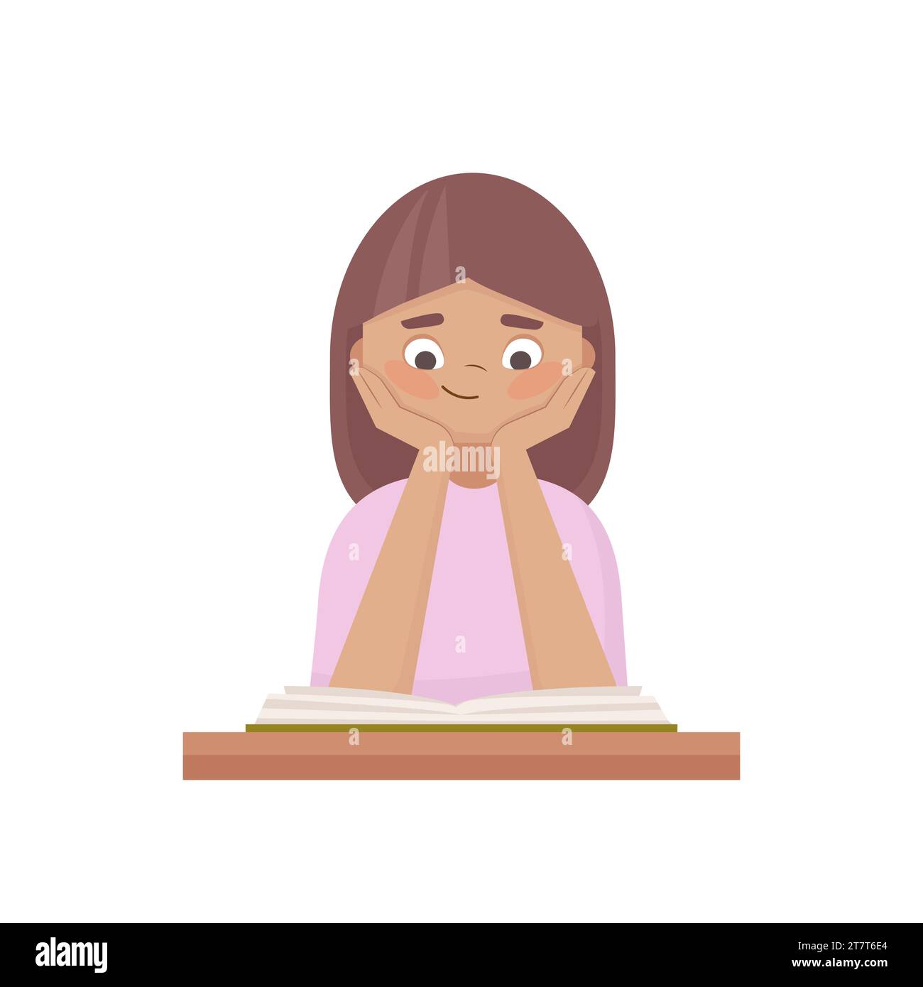 Cute girl sitting at the school desk and reading book in class. Happy ...