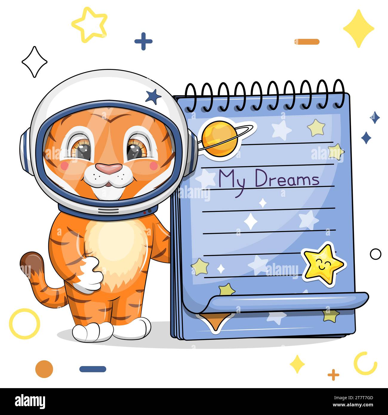 A cute cartoon astronaut tiger with a blue notebook with stickers ...