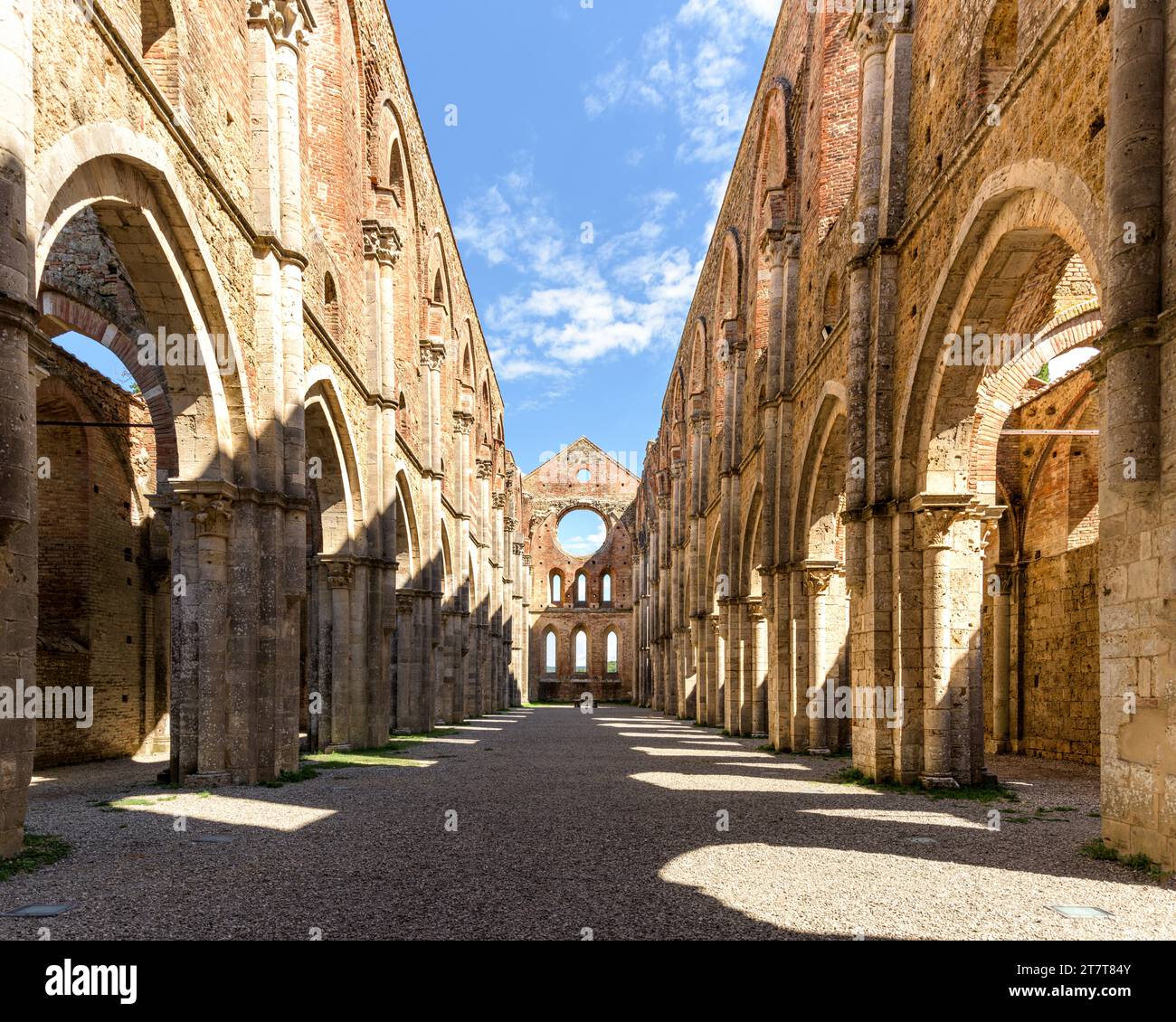 Perspective of central nave in abandoned San Galgano Abbey church, an ...