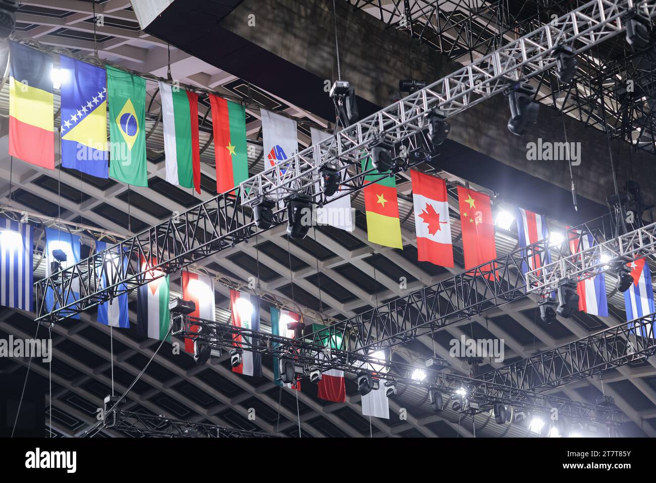 A low angle of the stadium ceiling with various flags Stock Photo - Alamy