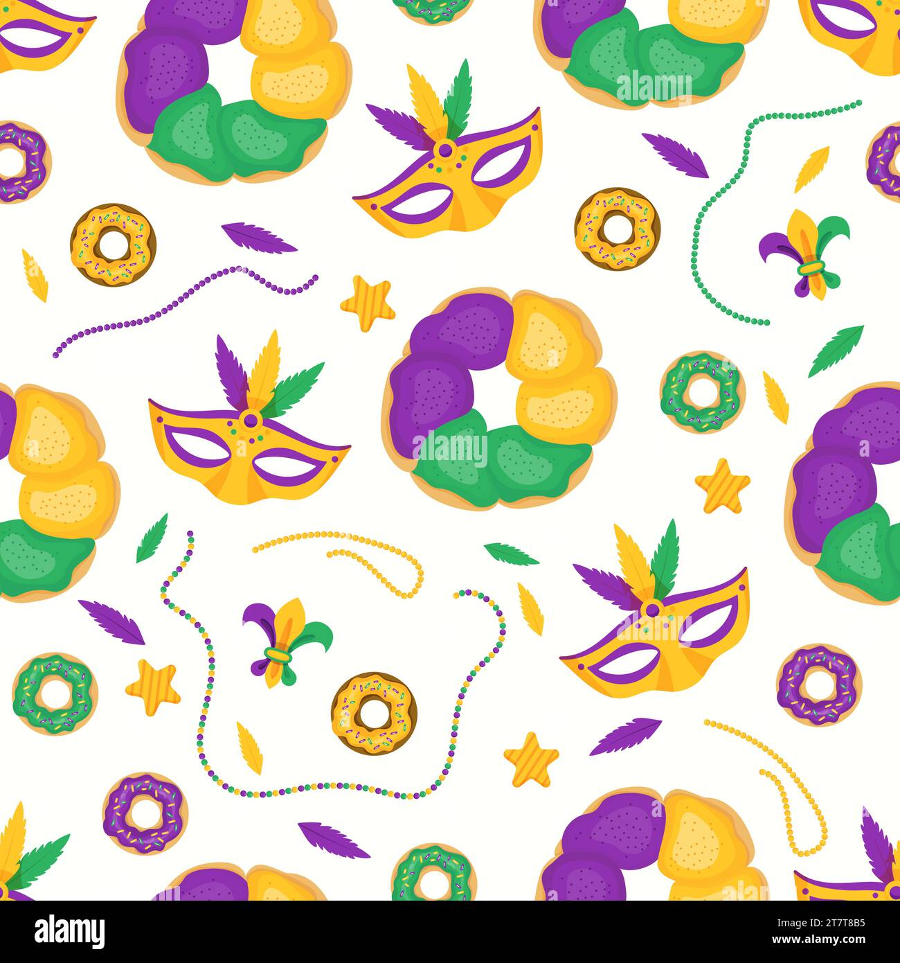 Mardi Gras carnival seamless pattern. Festive King Cake and donuts with ...