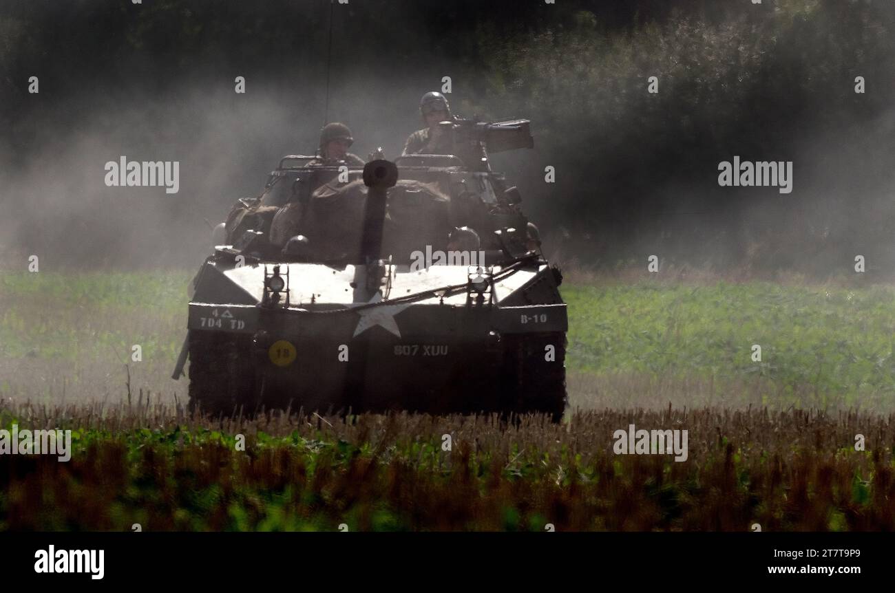 Victory Show. leicester, UK, 2023. Battle scene with soldiers and M18 ...