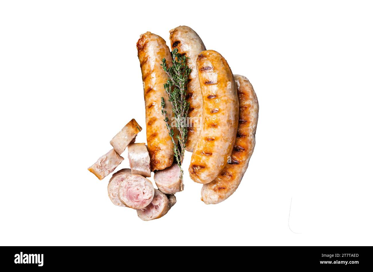 Roasted Bratwurst and Bockwurst pork meat sausages in a plate. Isolated ...