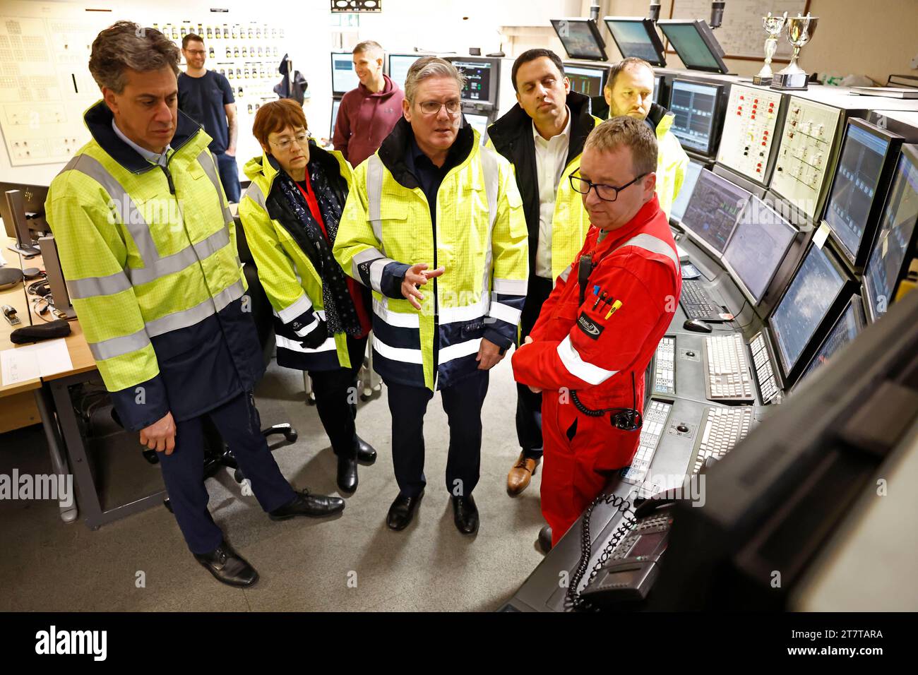 Labour leader Sir Keir Starmer (centre) takes a tour of the control ...