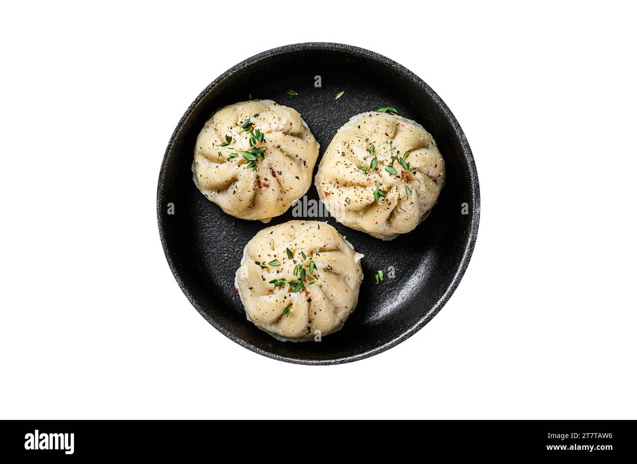 Asian Steamed Dumplings Manti in a pan. Isolated, white background ...