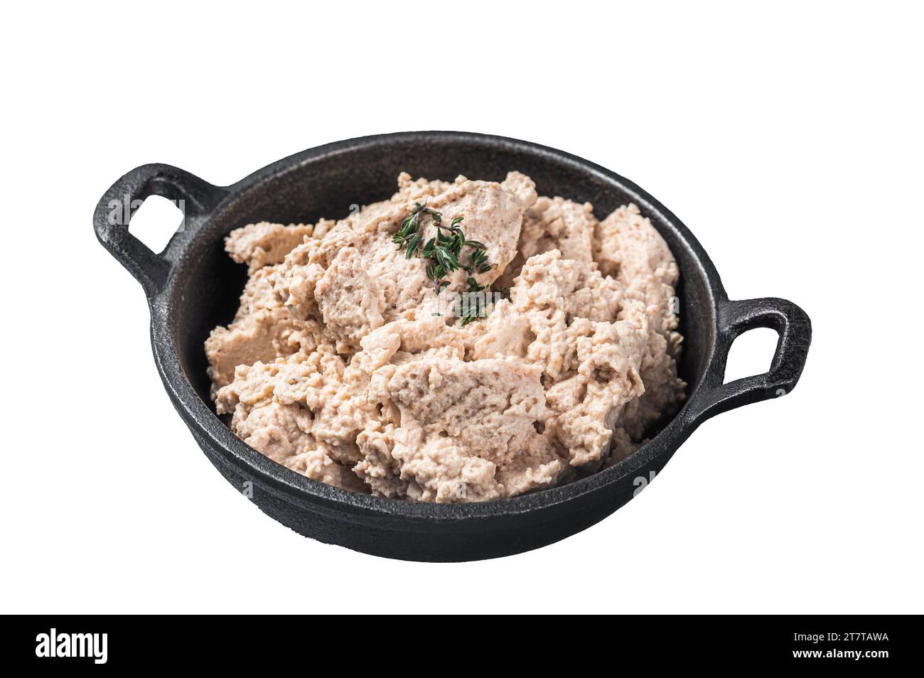 Cod liver Spread with oil in a skillet. Isolated, white background ...